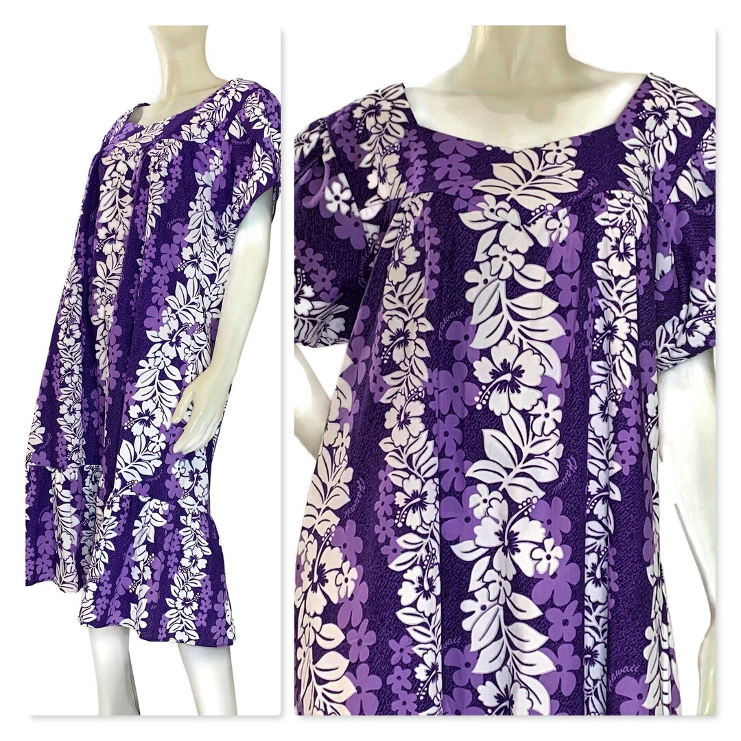 90s Hawaiian Muumuu in White and Purple Floral Print, Vintage 1990s ...