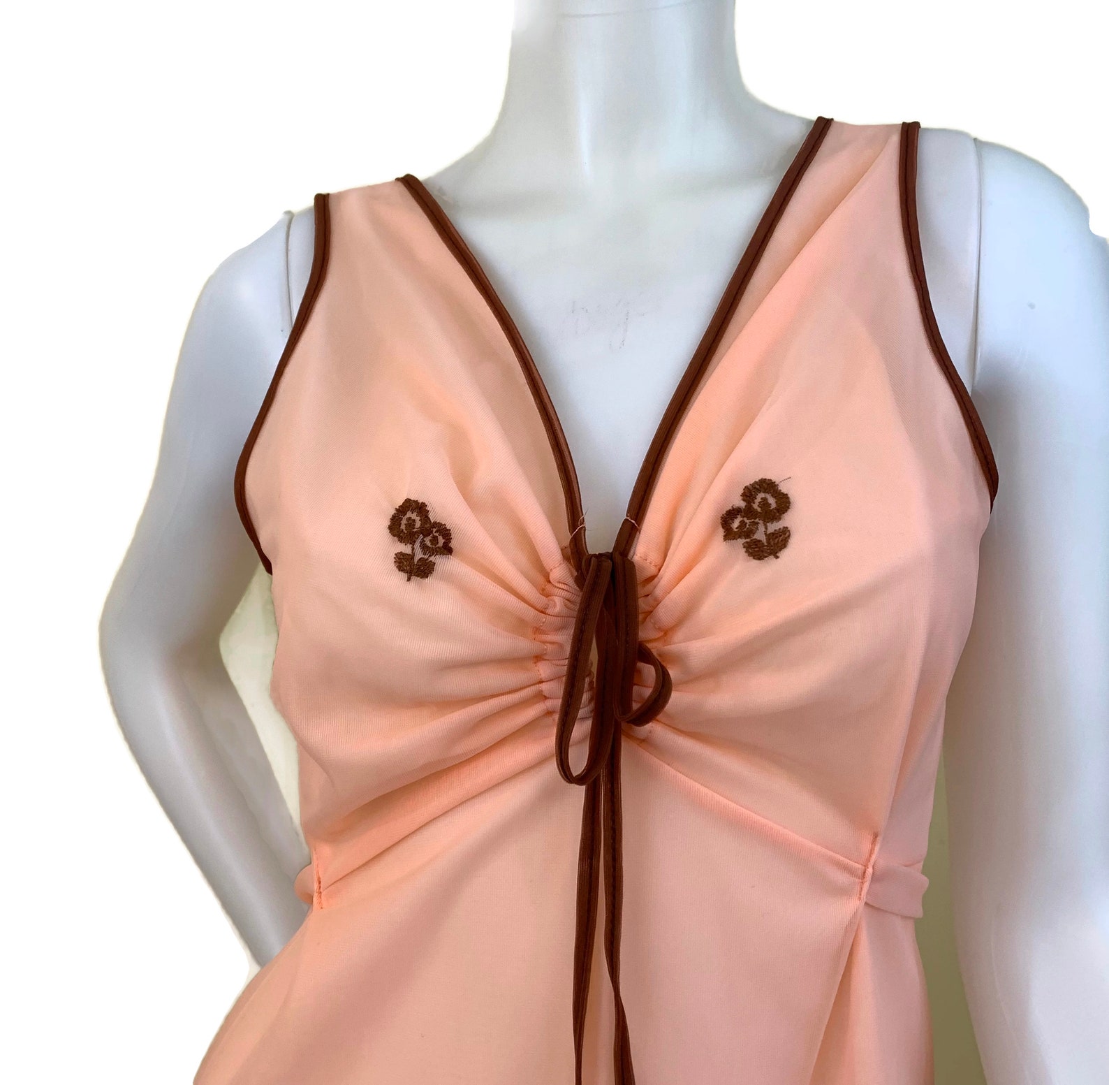 Vintage 60s Peach Nightgown With Ruffled Hem and Brown Trim | Etsy