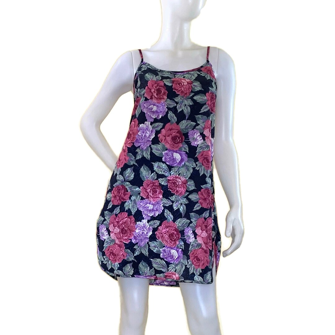 Vintage 80s Short Spaghetti Strap Nightie, 1980s Black Floral Babydoll ...
