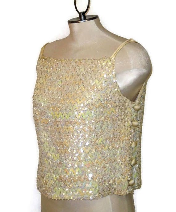 1960s Cream Sequined Tank, Vintage 60s Cocktail Top b… - Gem