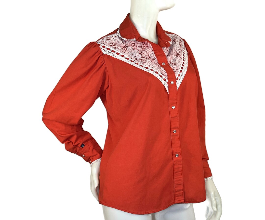1970s Western Shirt in Red With White Lace Trim, Vintage 70s Pearl Snap ...