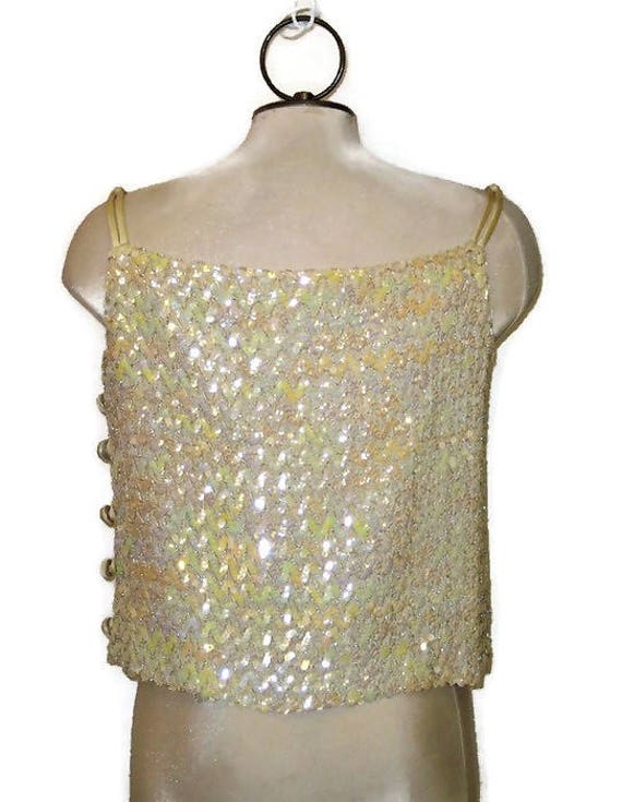 1960s Cream Sequined Tank, Vintage 60s Cocktail Top b… - Gem