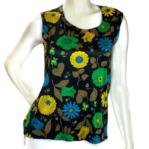 Vintage 60s Silky Floral Tank 1960s MOD Floral Top in Black | Etsy