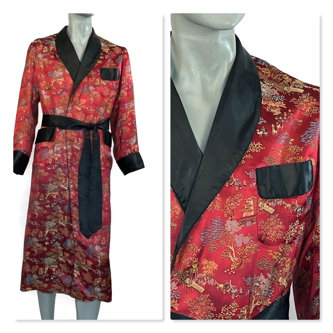 Vintage 1950s Long Red Brocade Robe 50s Asian Fabric Dressing - Etsy