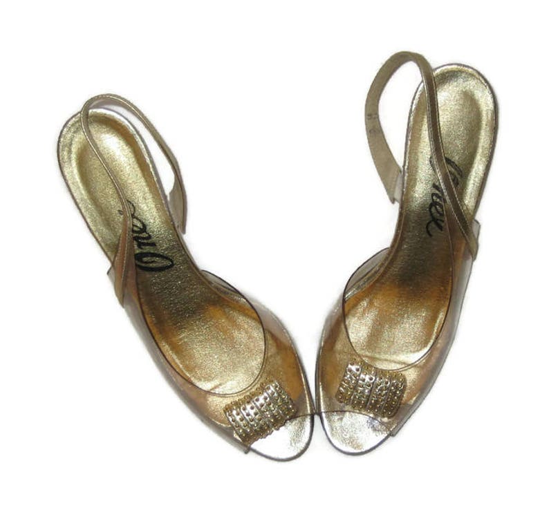 Vintage 1960s Gold Metallic & Clear Wedge Heel Sandal 60s | Etsy