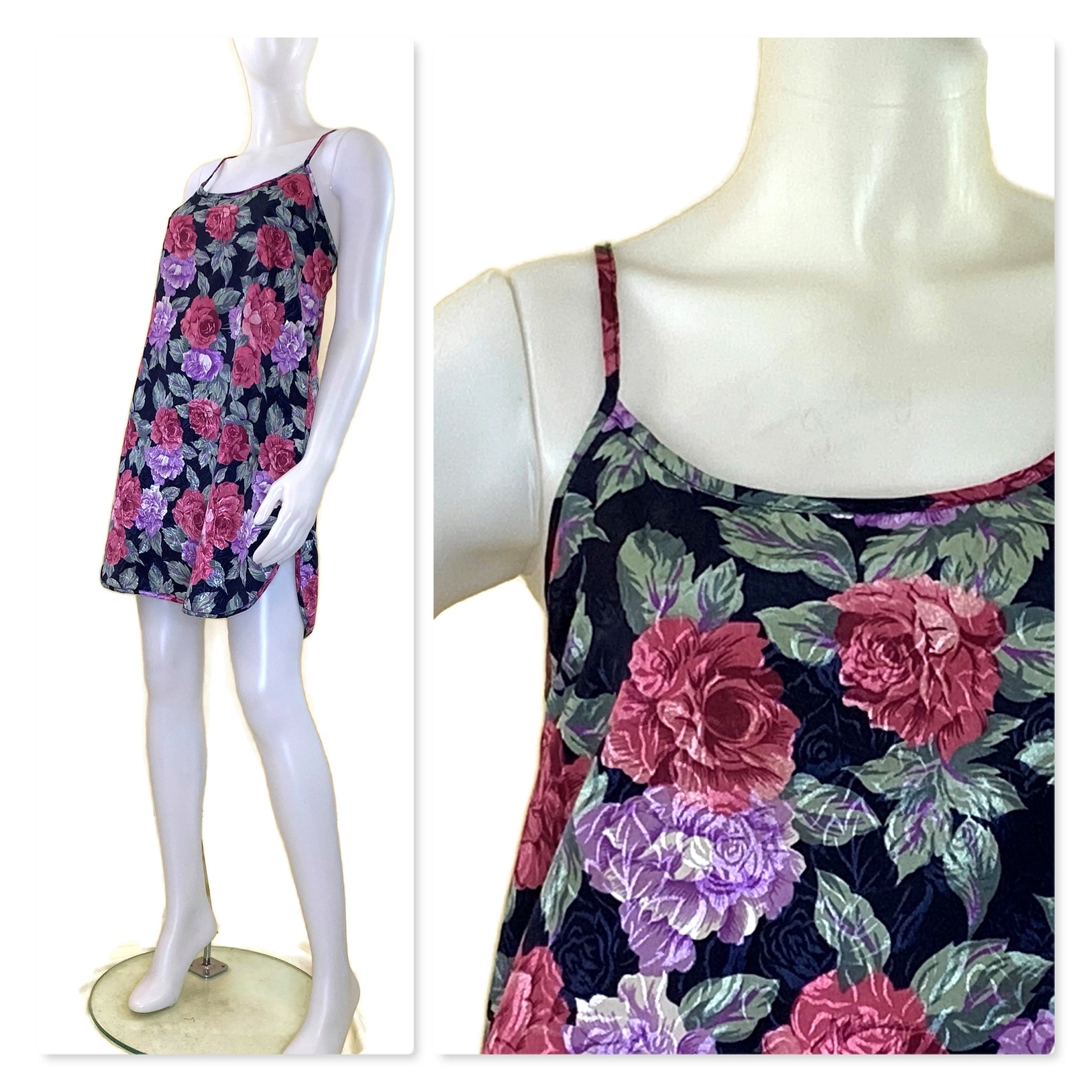 Vintage 80s Short Spaghetti Strap Nightie 1980s Black Floral - Etsy