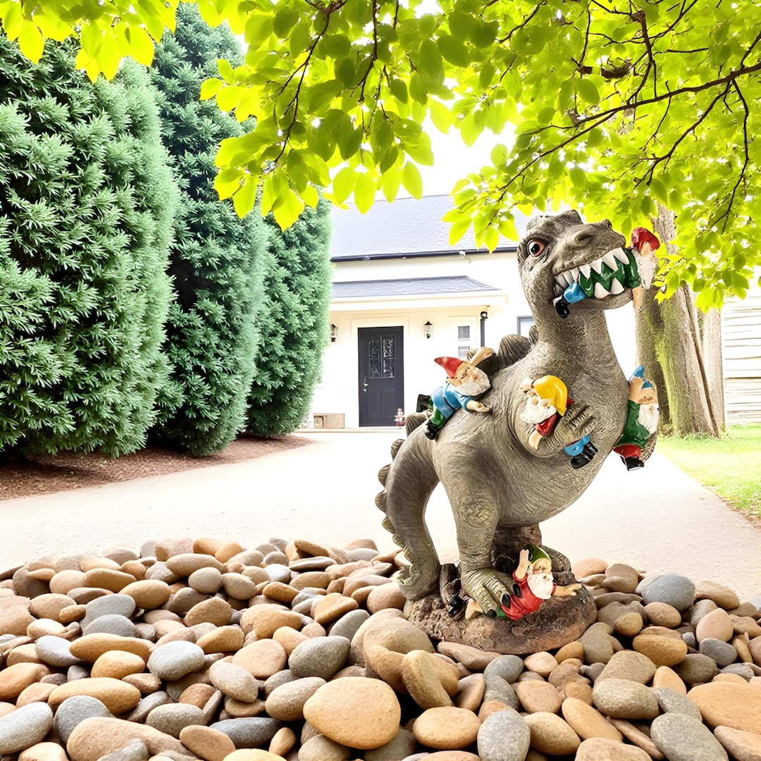 Dinosaur Eating Gnome Statue – Funny Outdoor Garden Decor, Quirky Lawn ...