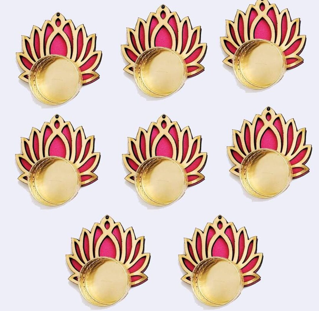 Handmade Lotus Diwali Diyas: Pink & Gold Hanging Wooden Decor - Set of ...