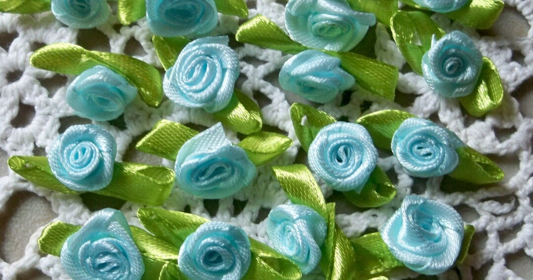 12mm-light Blue Satin Ribbon Roses W/leaves- 25 PCS - Etsy