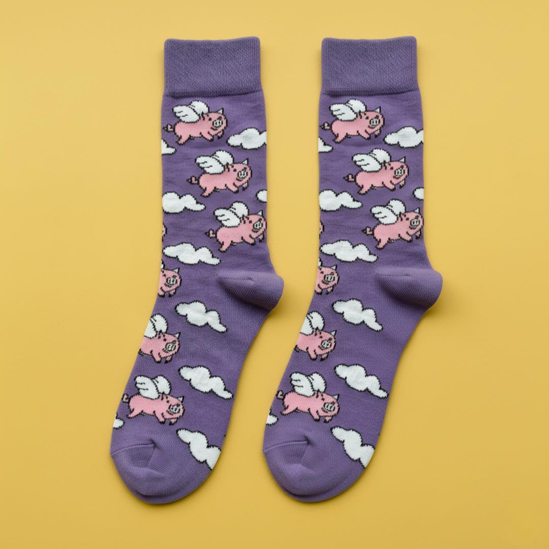 Purple Pig Animal Socks • Cartoon Piglet • Lilac Clouds • Funny ...