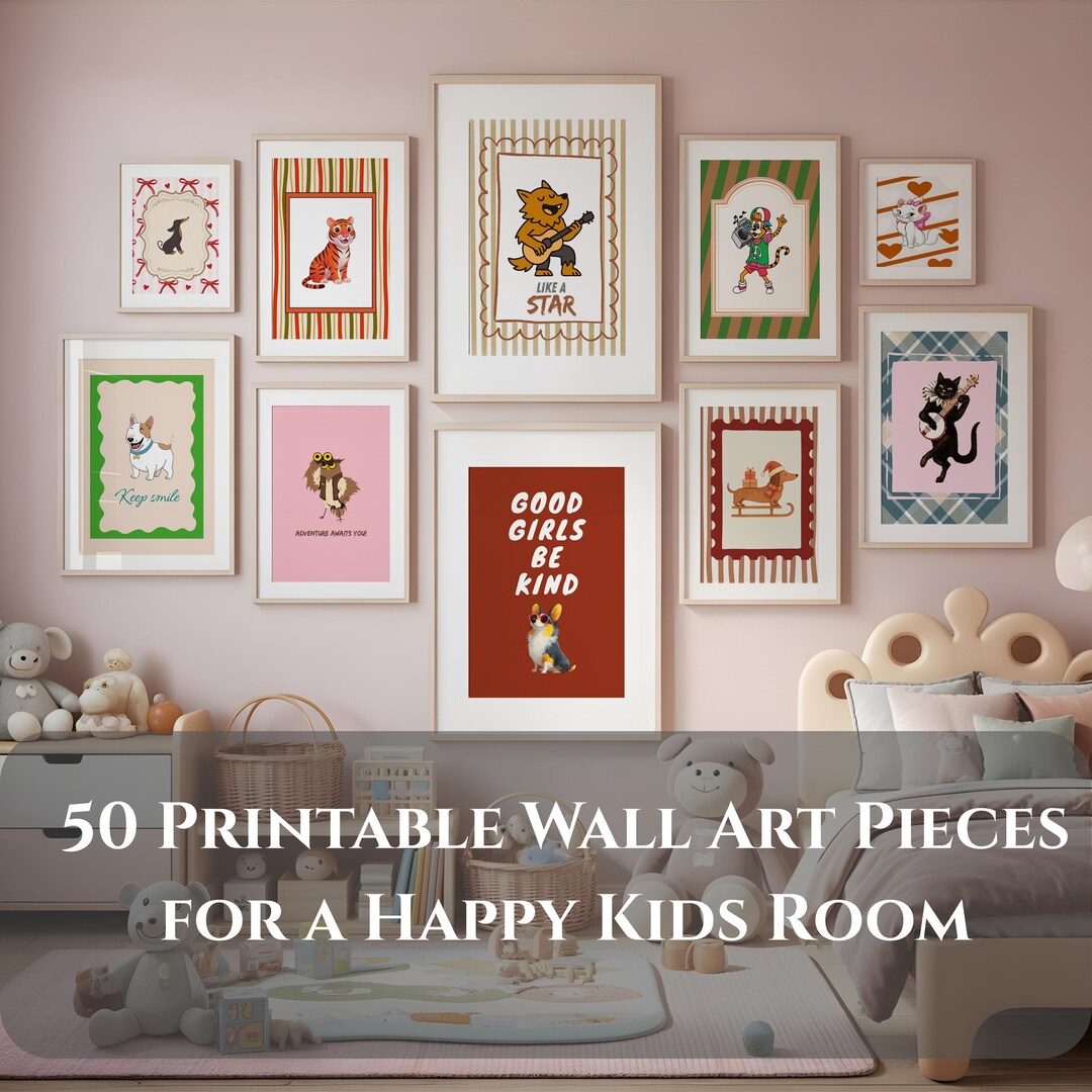 50 Piece Kids Wall Art Bundle: Retro Nursery Posters, Unisex Animal ...