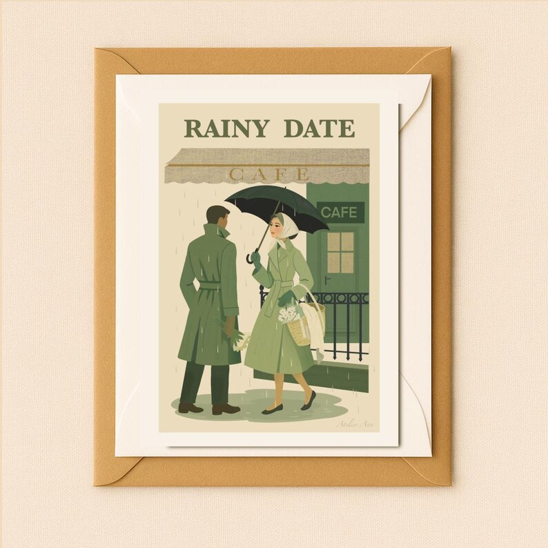 Rainy Date Greeting Card | Vintage Coffee Shop 5x7 Blank Flat Card for ...