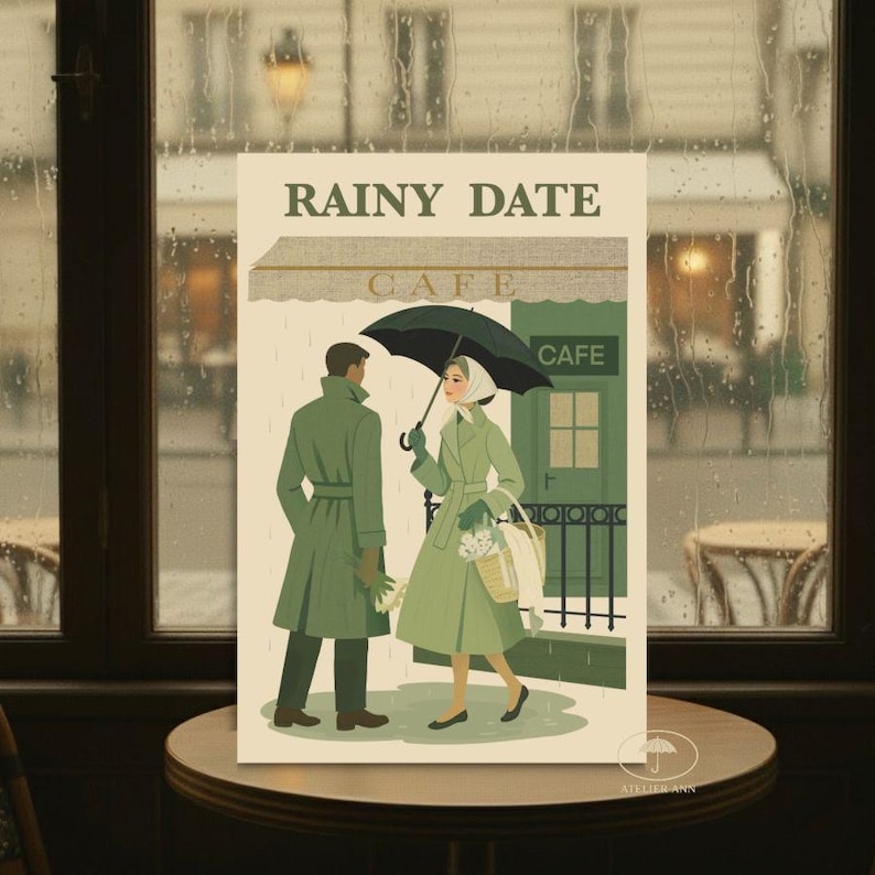 Rainy Date Greeting Card | Vintage Coffee Shop 5x7 Blank Flat Card for ...