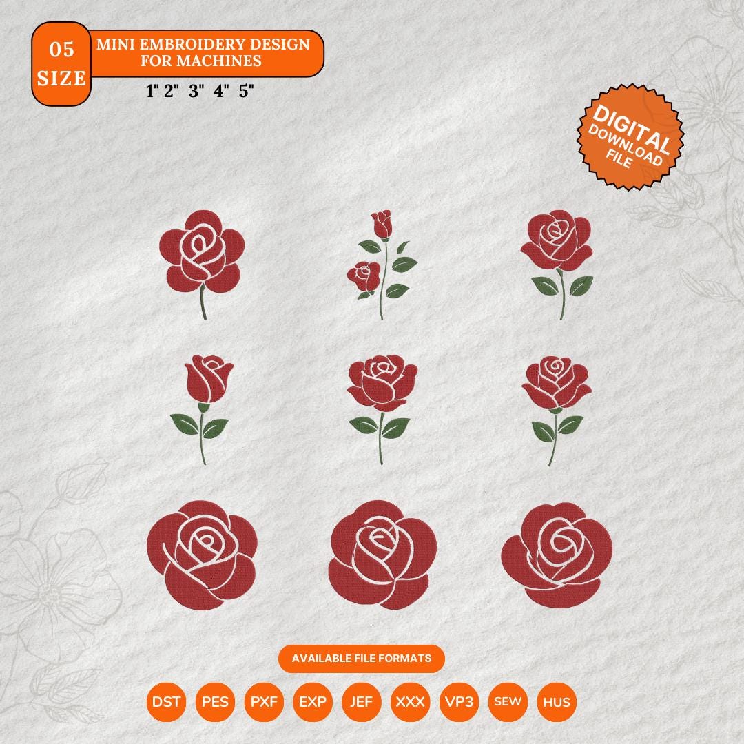 Mini Rose Embroidery Design: Floral Stitch Bundle (5 Sizes) Digital ...