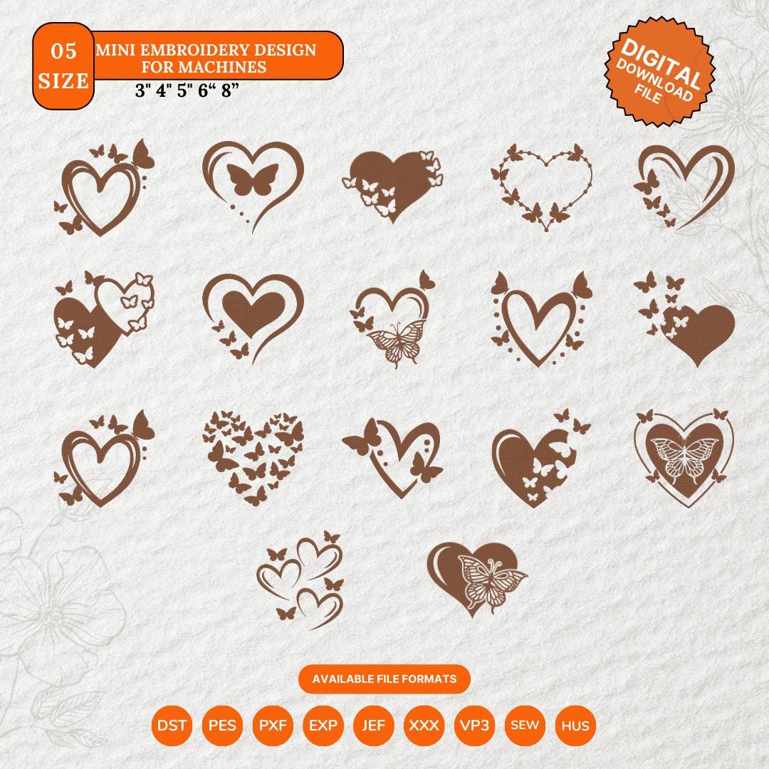 Heart & Butterfly Embroidery Design: Romantic Valentine's Gift (instant ...