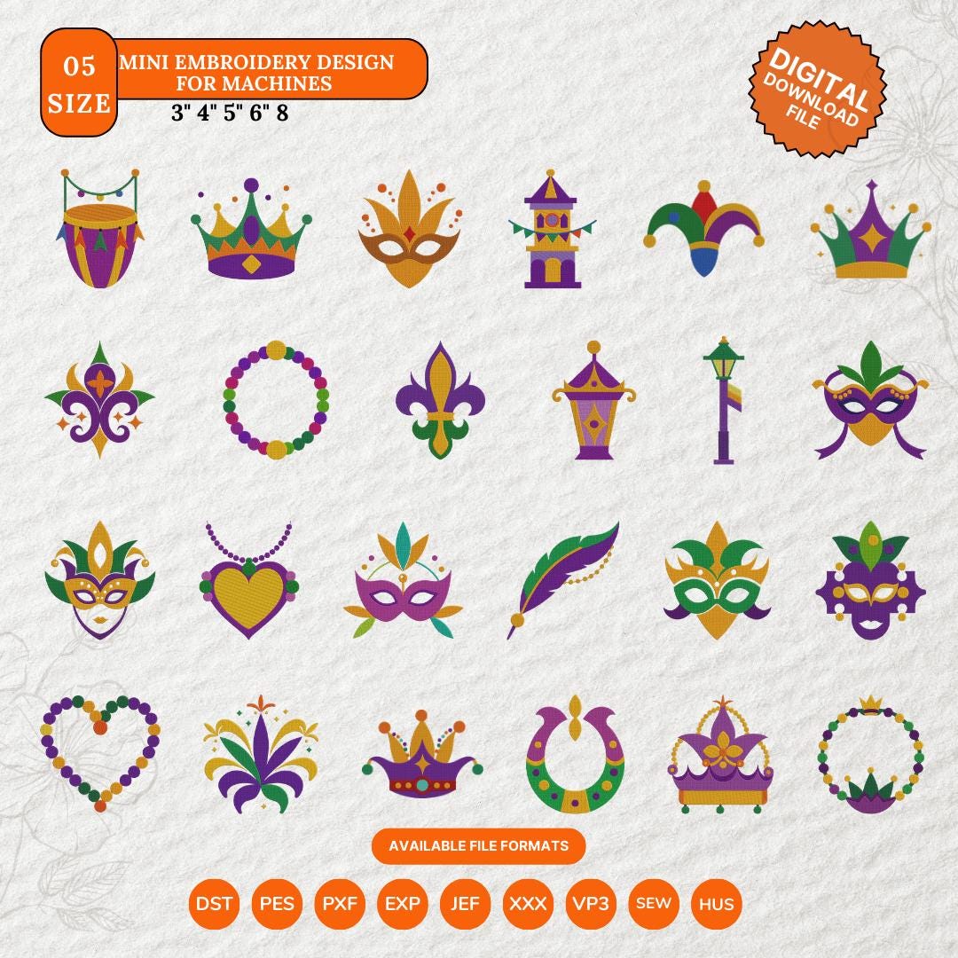 Mardi Gras Mini Embroidery Design Bundle, Festive Carnival (digital ...