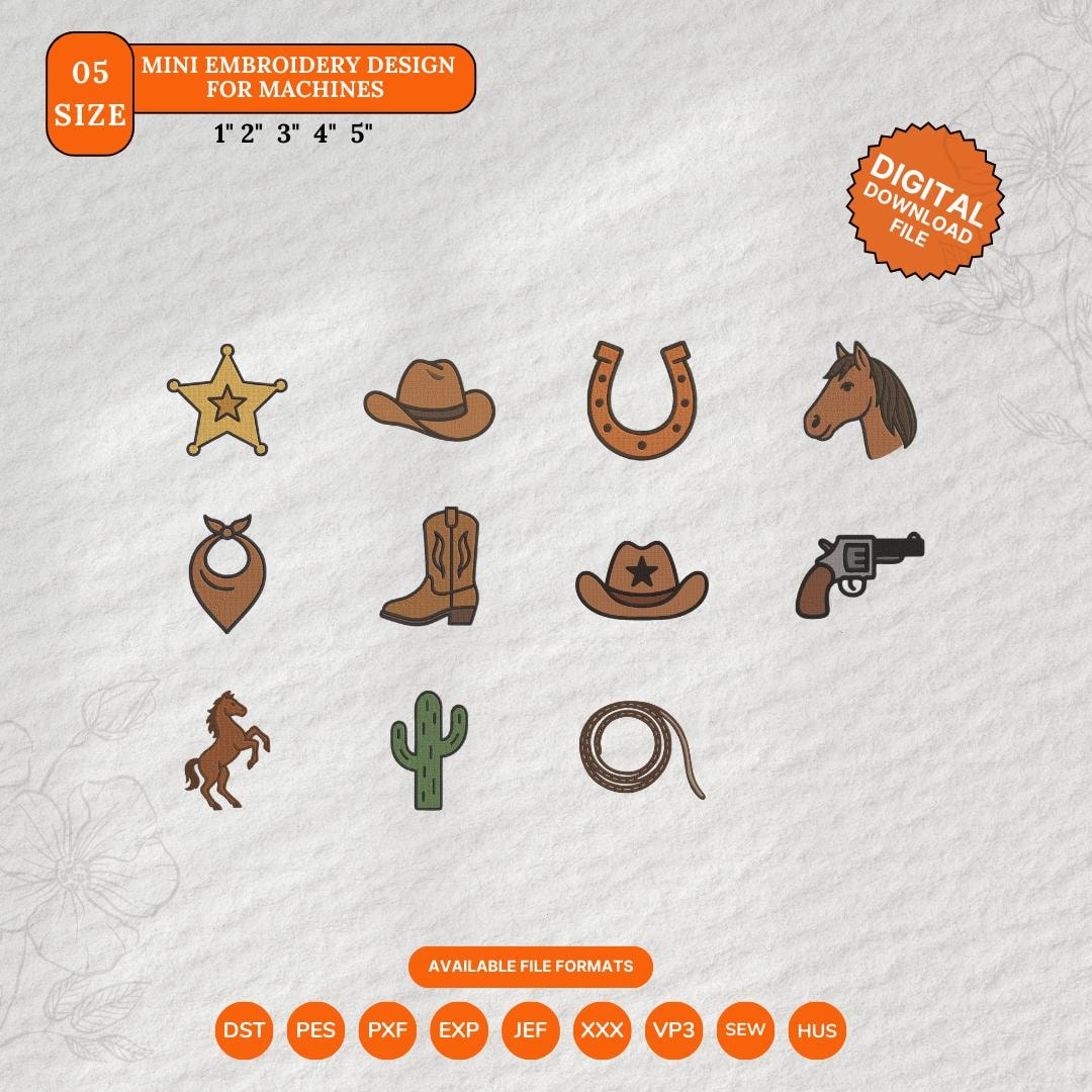 Cowboy Embroidery Design: Western Hat, Horse, Cactus (5 Sizes) (instant ...