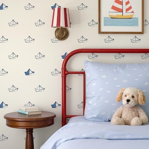 Paper Boat Wallpaper – Coastal Nautical Peel & Stick or Non-woven Wall ...