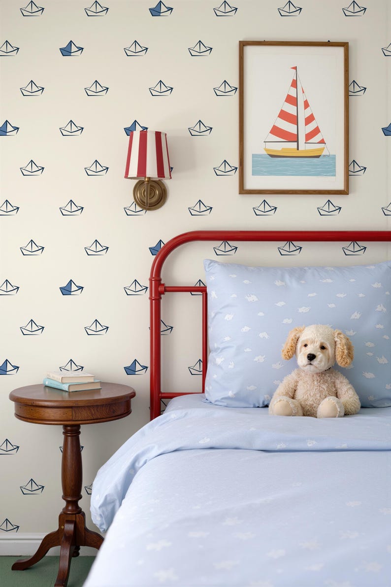 Paper Boat Wallpaper – Coastal Nautical Peel & Stick or Non-woven Wall ...
