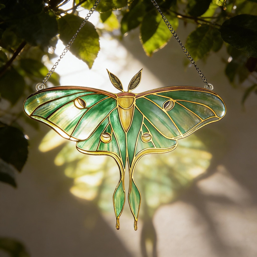 Handmade Glass Moth Suncatcher, Stained Glass Luna Moth Window Art ...