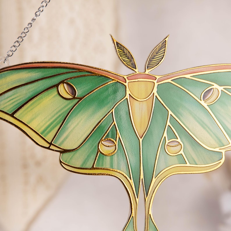 Handmade Glass Moth Suncatcher, Stained Glass Luna Moth Window Art ...