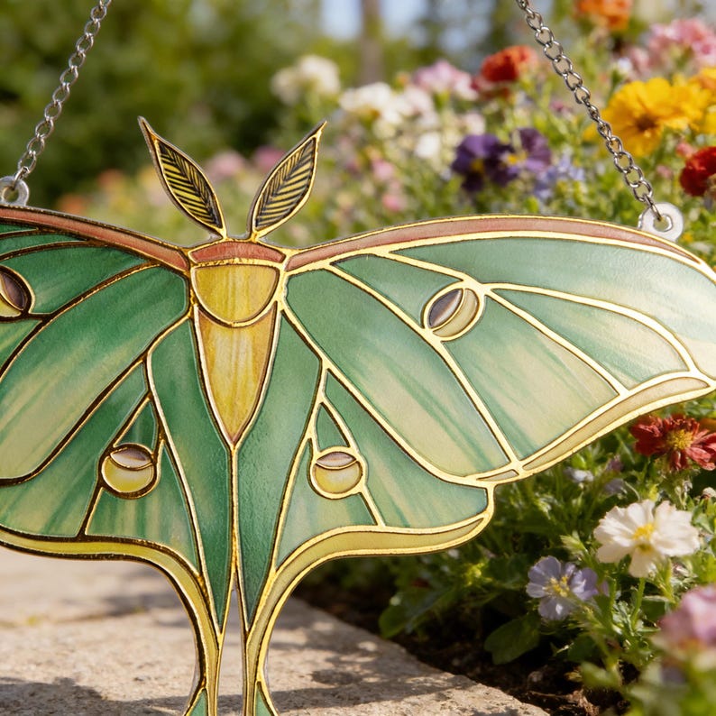 Handmade Glass Moth Suncatcher, Stained Glass Luna Moth Window Art ...