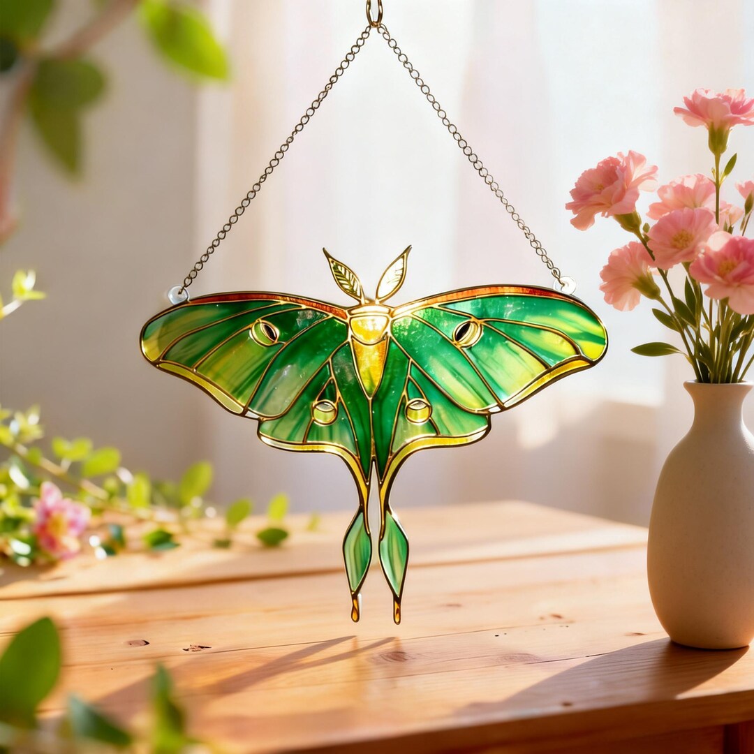 Handmade Glass Moth Suncatcher, Stained Glass Luna Moth Window Art ...