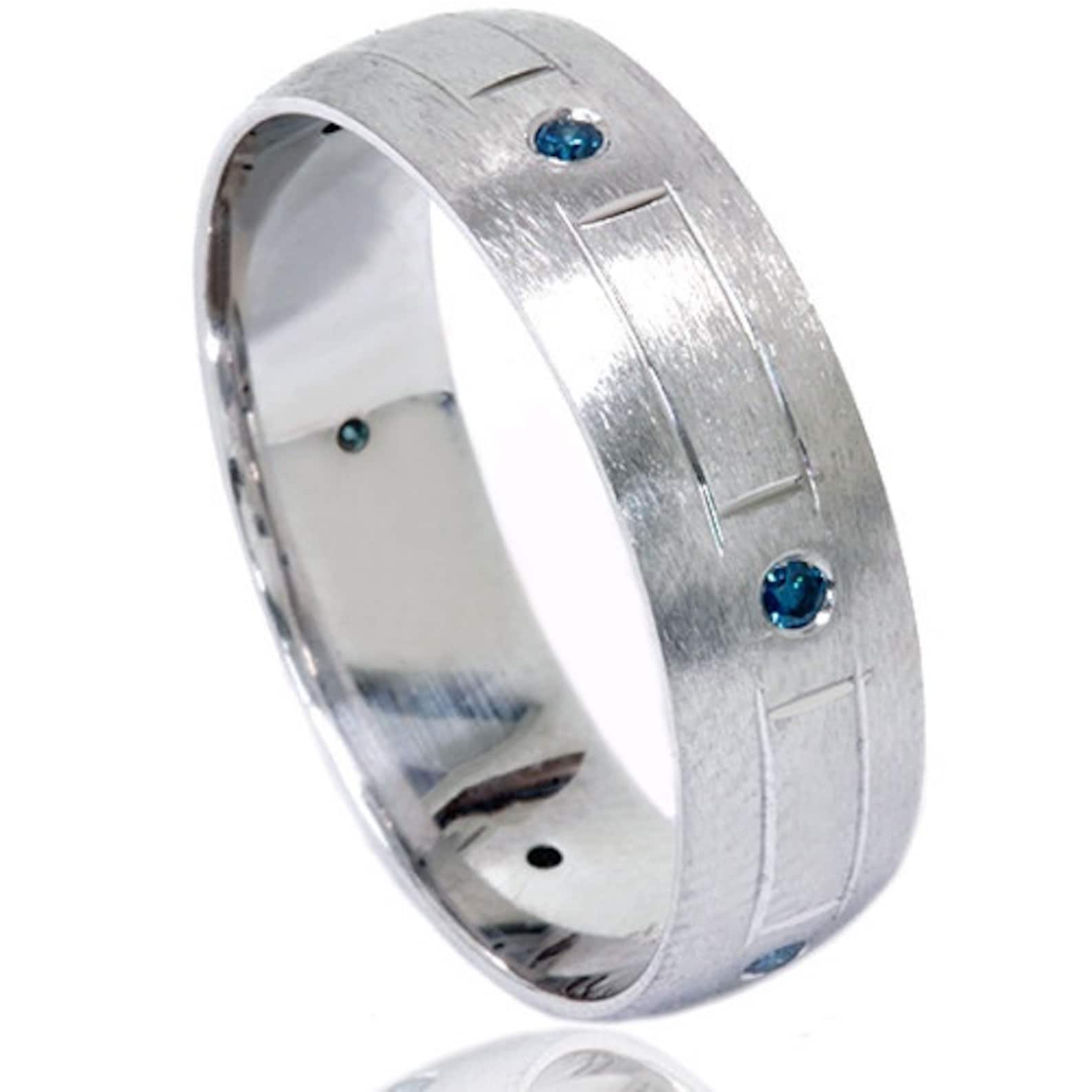 Diamond Wedding Ring Blue Diamond Mens Wedding Ring 14K White - Etsy