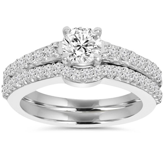 Pompeii 1ct Pave Diamond Engagement Wedding Matching Ring Set 14K White Gold Round Cut Etsy