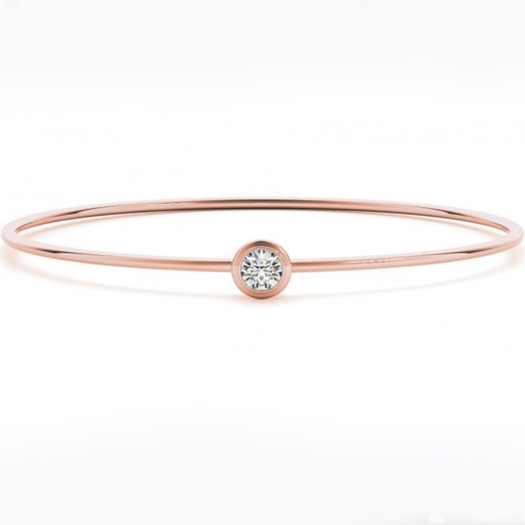 14k Rose Gold Bangle Wire Bracelet 3/8ct Diamond Round Brilliant Cut ...