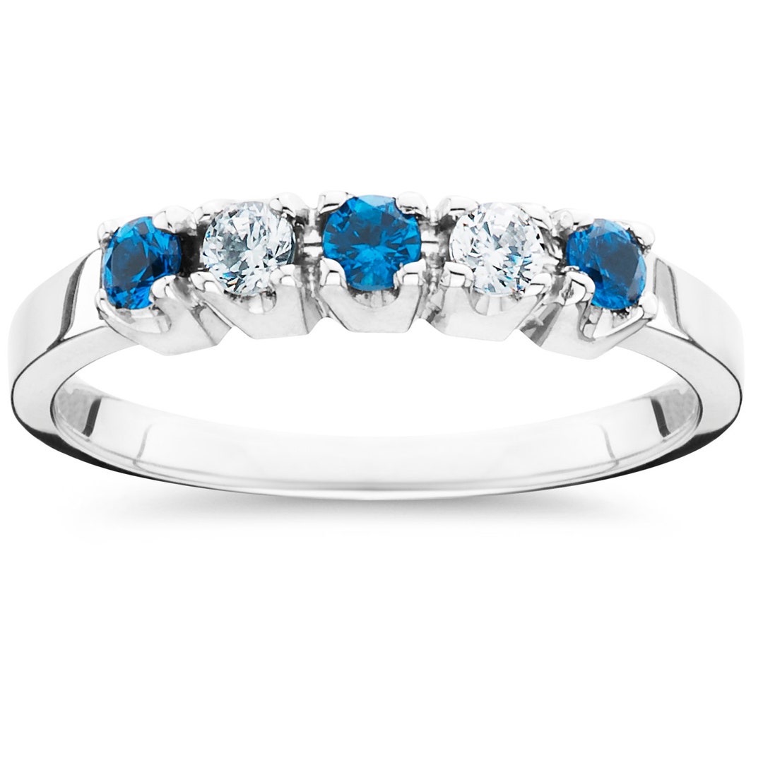 Blue & White Diamond .25CT 5-stone Ring 10K White Gold - Etsy