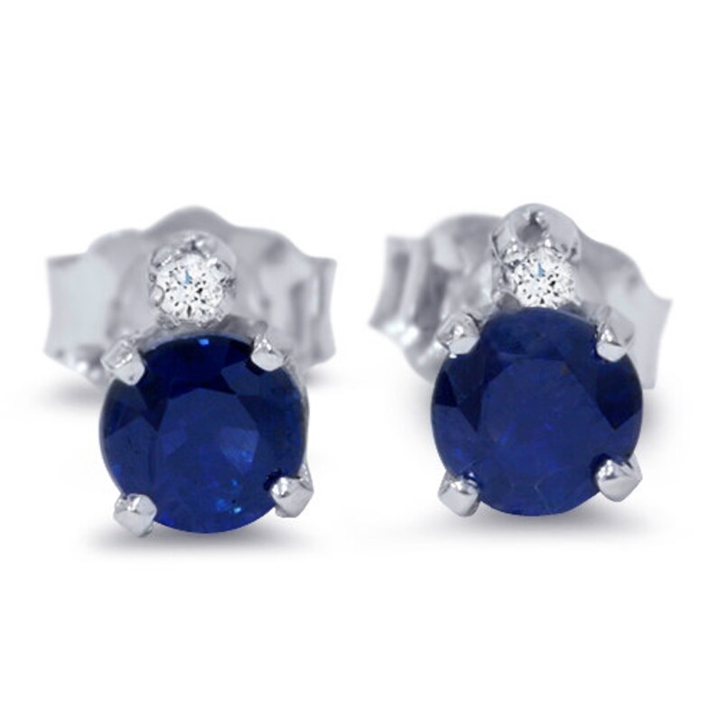 Genuine Round Blue Sapphire & Diamond Studs 14KT White Gold - Etsy