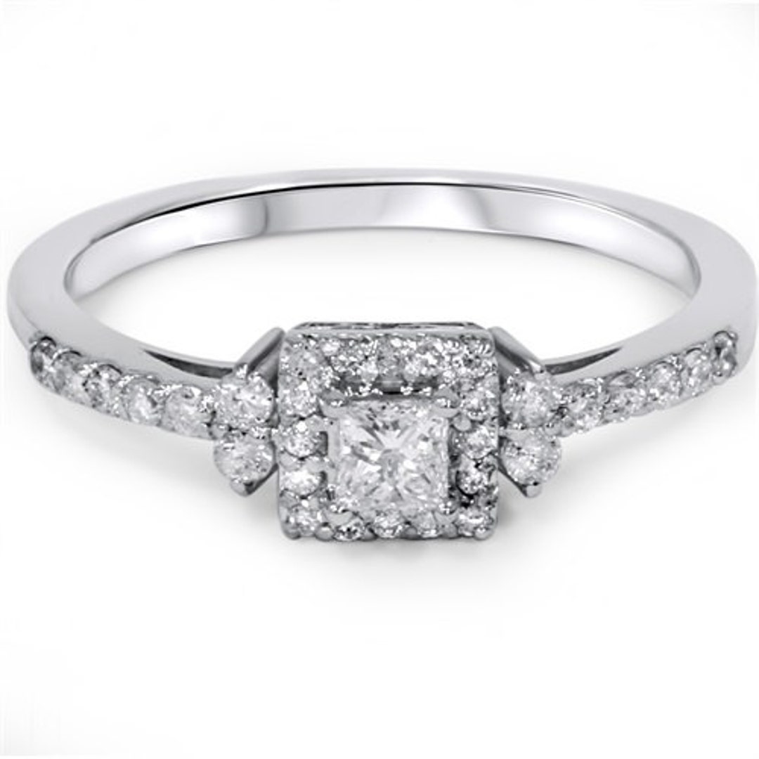 Princess Cut Diamond Vintage Halo Engagement Promise Ring .45ct 10K ...
