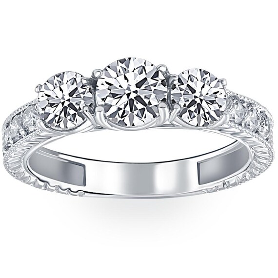 Pompeii 1 3 4ct Vintage Three Stone Round Diamond Engagement Ring 14K White Gold H I1 Etsy UK