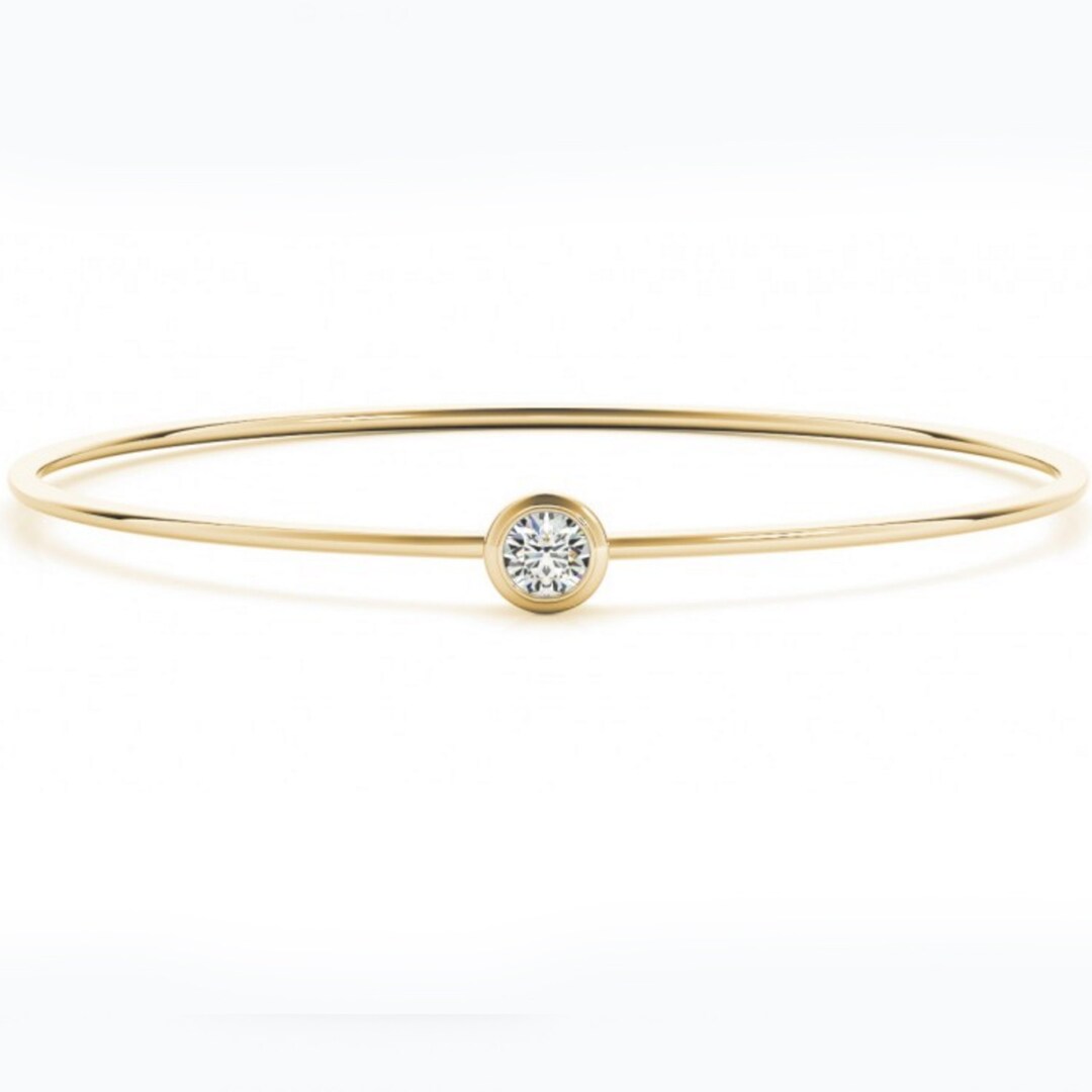 14k Yellow Gold Bangle Wire Bracelet 3/8ct Diamond Round Brilliant Cut ...