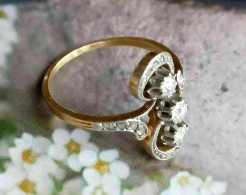Vintage Style Three Stone Diamond Ring, 14K Gold Filigree Swirl Promise ...