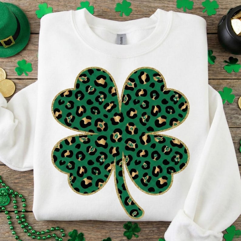 Leopard Shamrock PNG, Glitter Outline Clover St Patricks Day Design ...