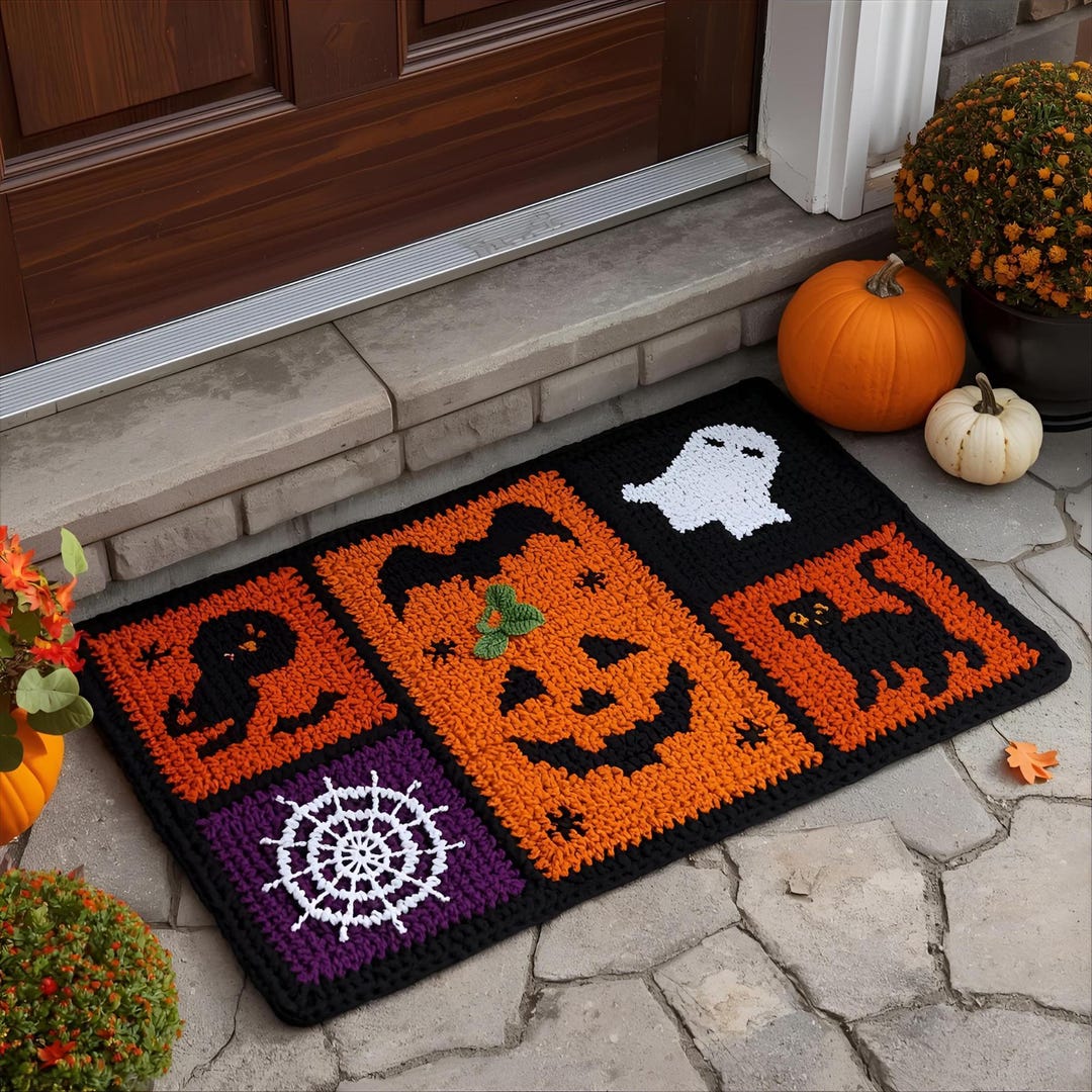 Halloween Crochet Door Mat Pattern Spooky Pumpkin Ghost Welcome Rug - Etsy