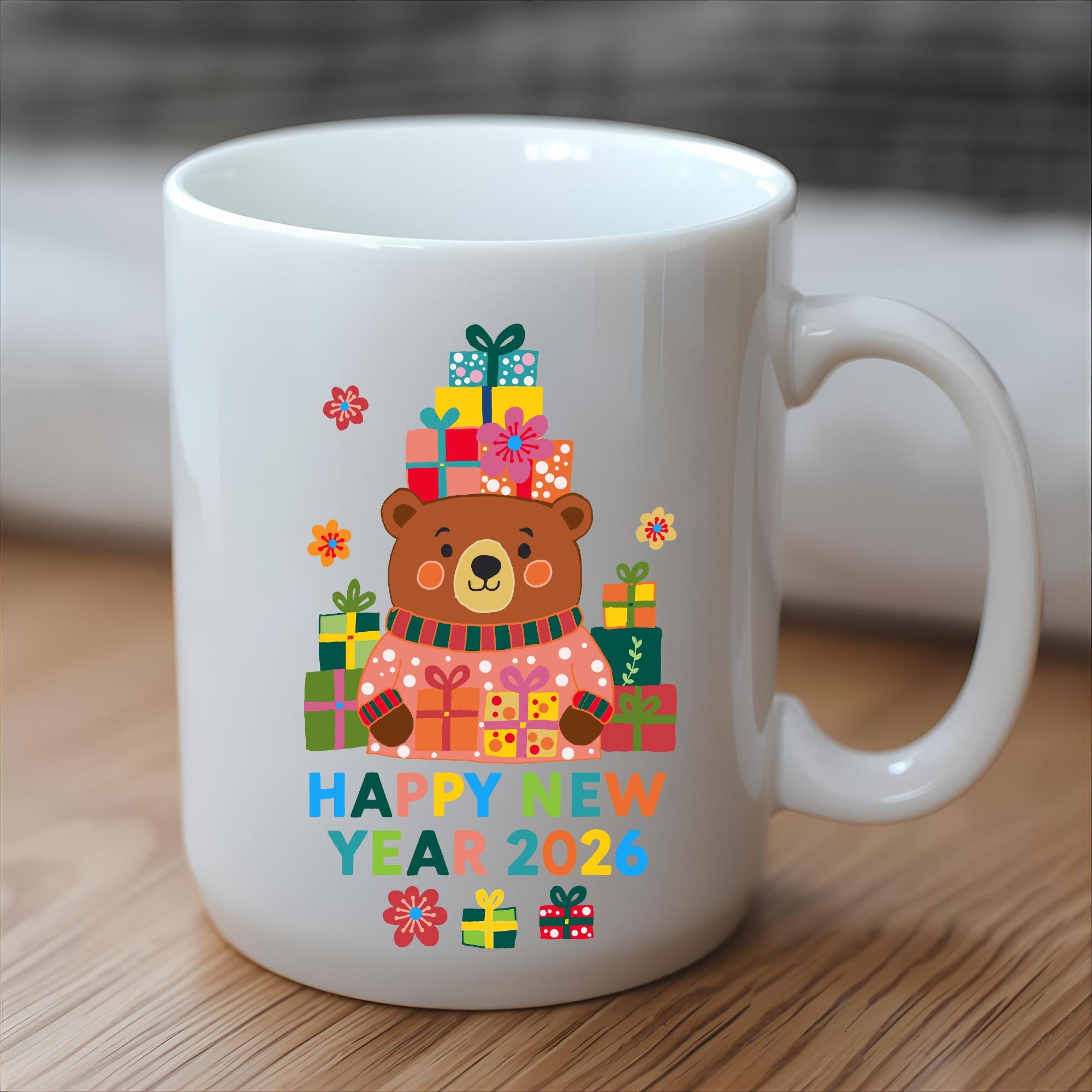 Happy New Year Bear 2026 | Cute Bear With Gifts Illustration | Festive ...