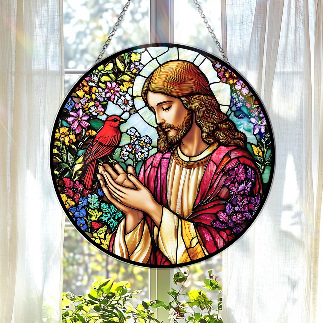 Jesus With Cardinals Stained Glass Suncatcher Religious Window Hanging ...