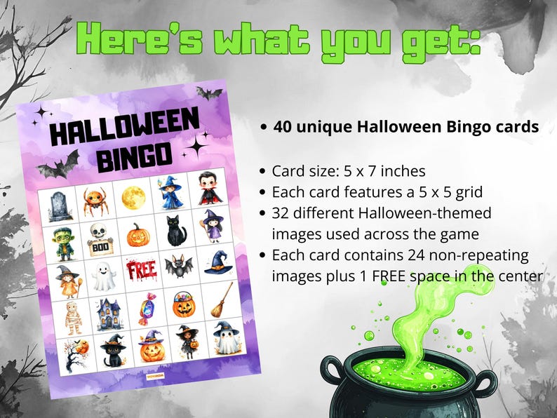 Halloween Bingo Game | 40 Unique Cards, Kids Party (digital PDF) - Etsy