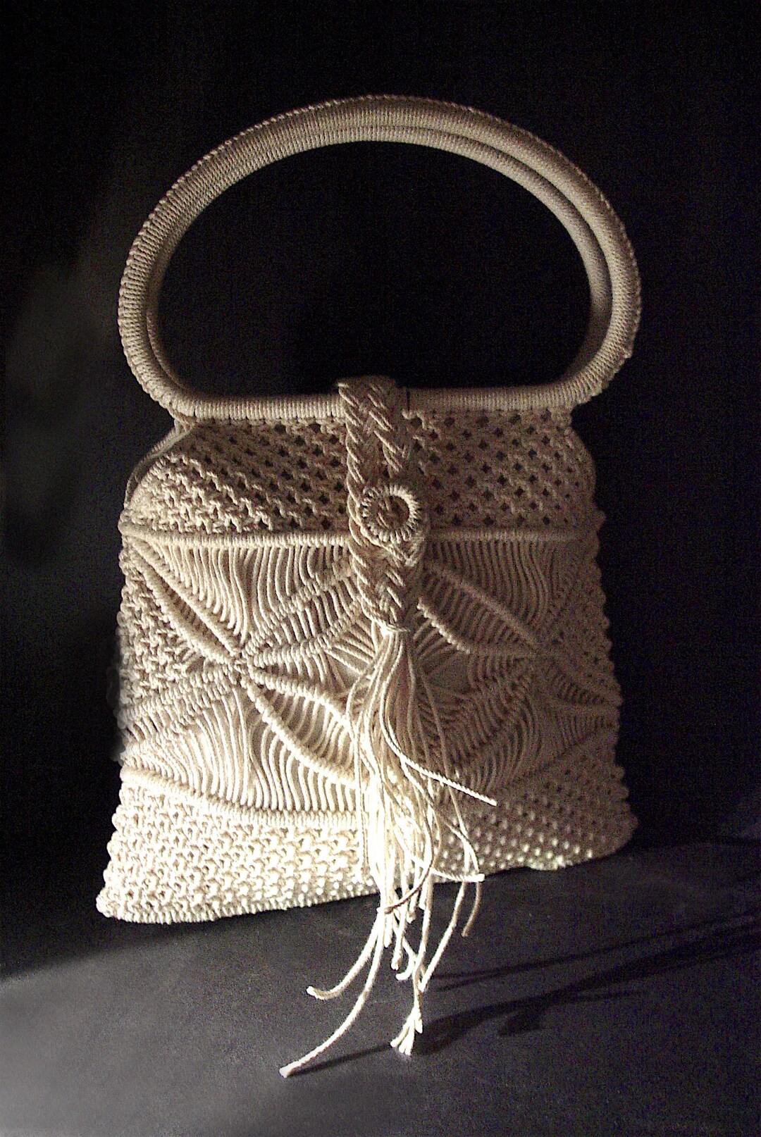 Bohemian 1960s Macrame Vintage Handbag Macrame With Linen Lining Hoop ...