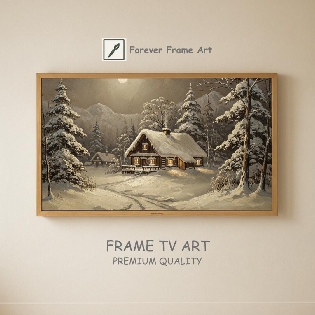 Cozy Winter Cabin Art Snowy Landscape Frame TV Rustic Holiday Home ...