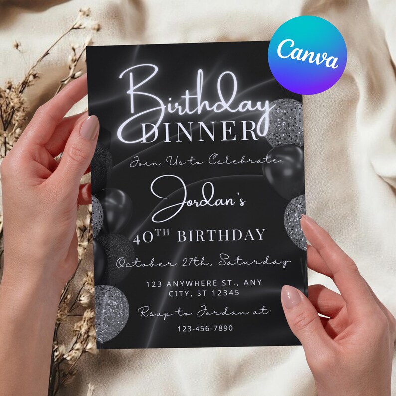 Black and Silver Diamond 40th Birthday Dinner Invitation, Digital ...