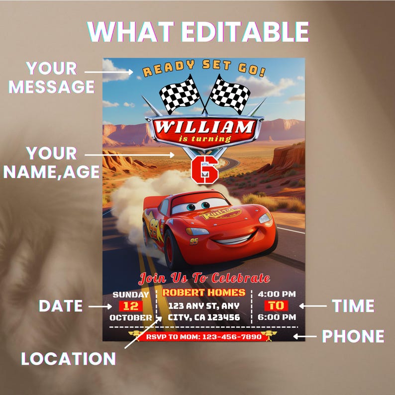 Cars Birthday Invitation, Lightning Mcqueen & Mater Editable Canva ...