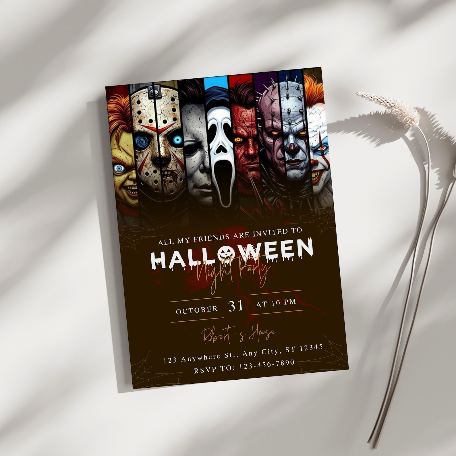 Editable Halloween Party Invitation Bloody Killer Skull Skeleton Horror ...
