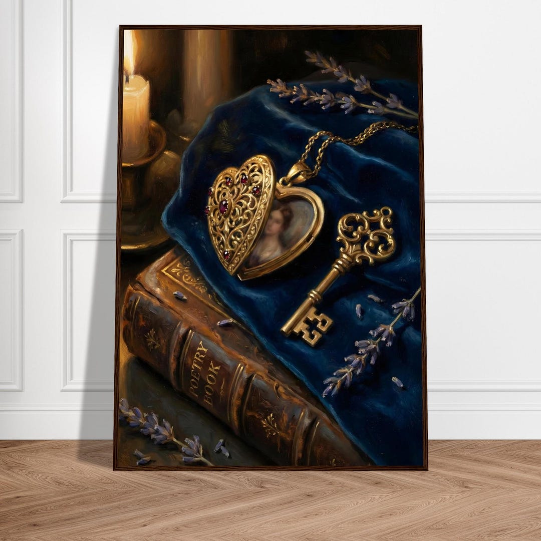 Vintage Heart Locket Oil Painting Framed Poster - Romantic Art for Home ...