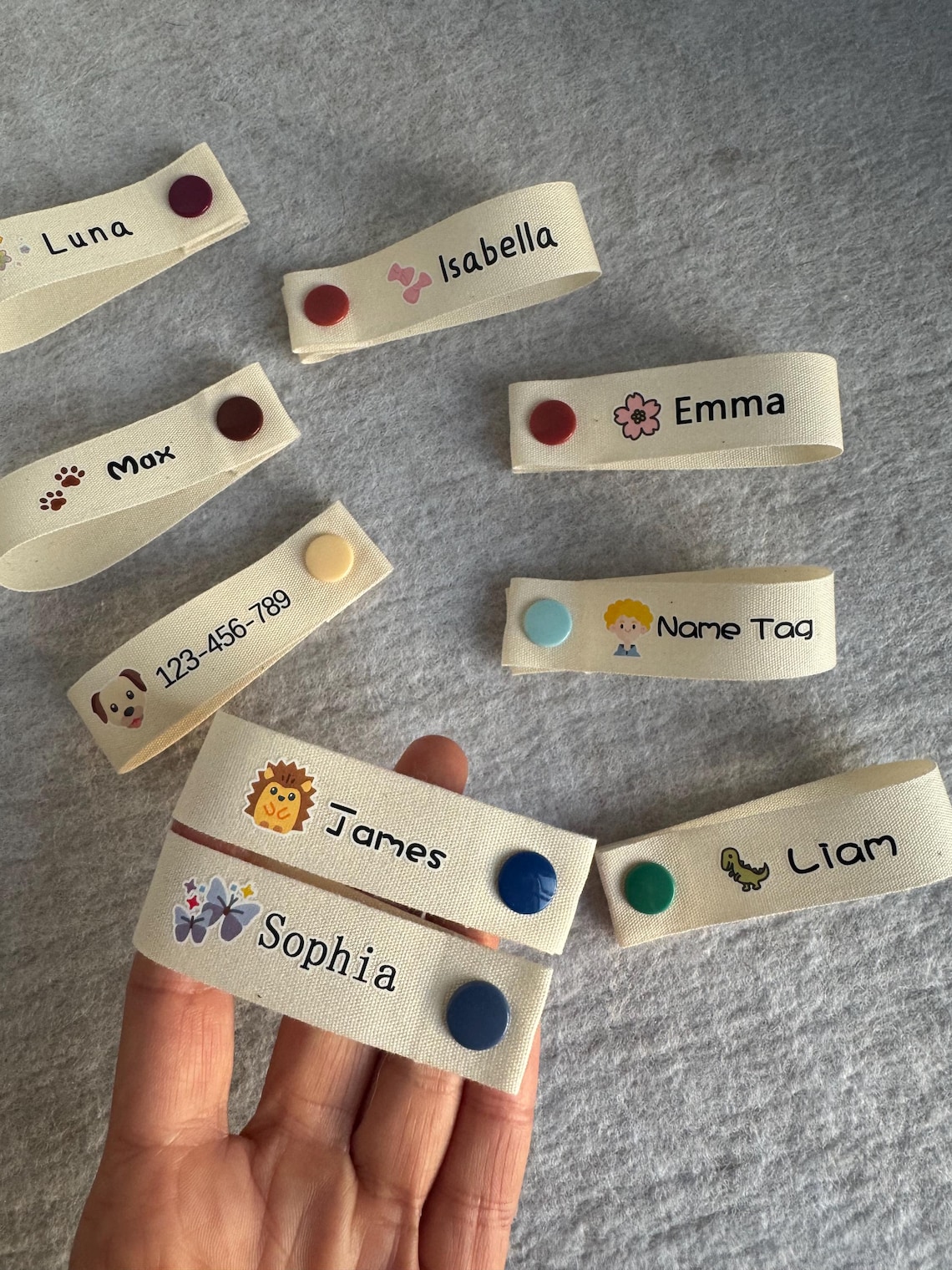 Personalized Snap-on Name Tags for Kids (set of 10), Custom Cotton ...