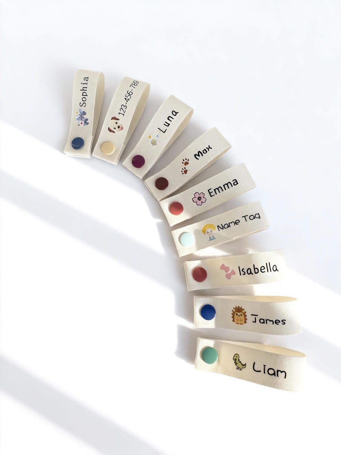 Personalized Snap-on Name Tags for Kids (set of 10), Custom Cotton Labels for School Bag ...