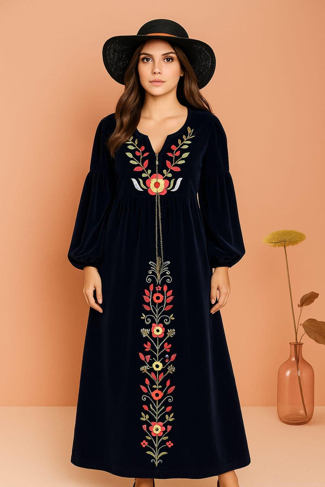 Boho Embroidered Velvet Maxi – A-line Folk Floral Dress| Vintage ...